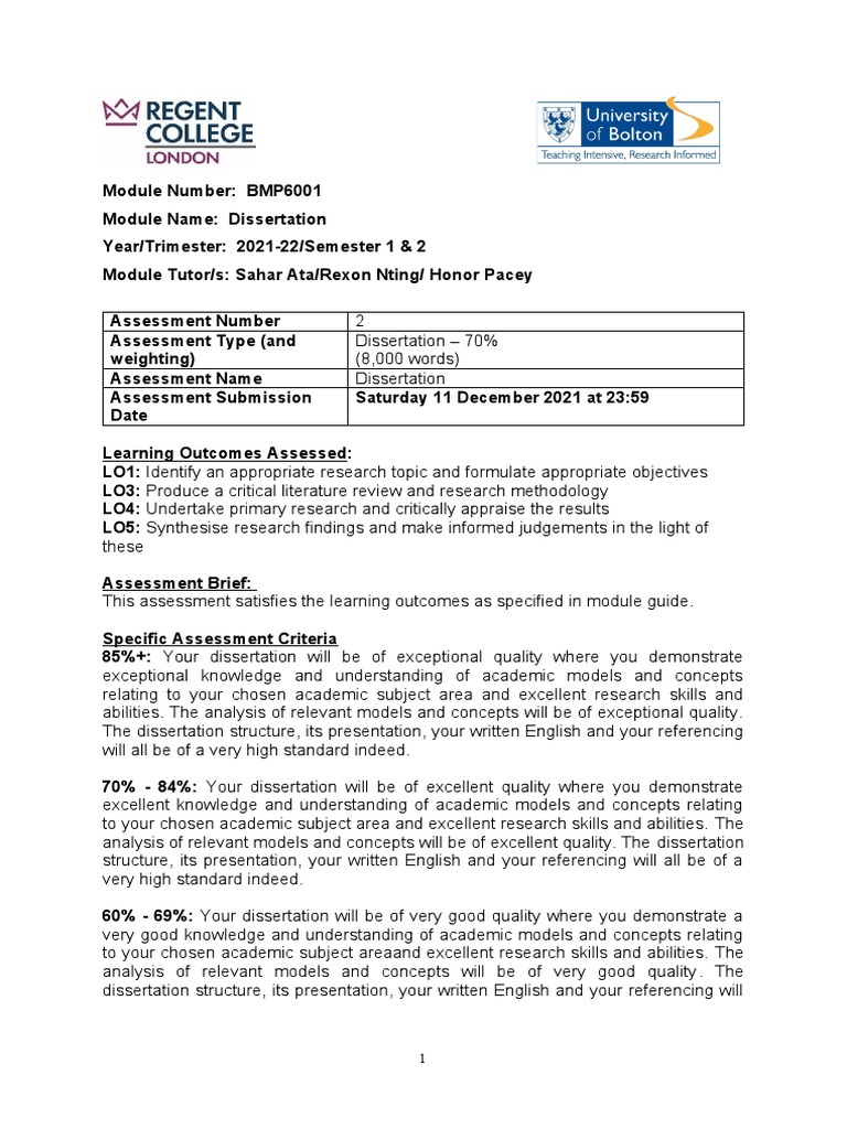 BMP6001 Diss - Assessment 2 Brief - Dissertation | PDF | Thesis ...