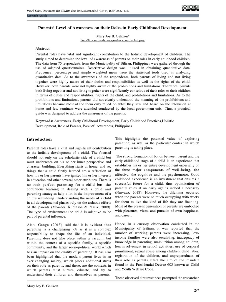 Parents' Awareness in Early Childhood Care | PDF