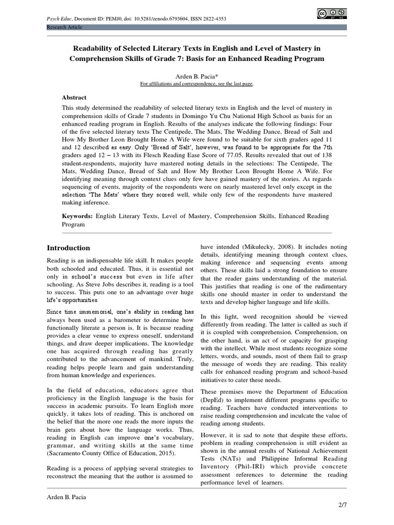 Readability of Selected Literary Texts in English and Level of Mastery in Comprehension Skills ...