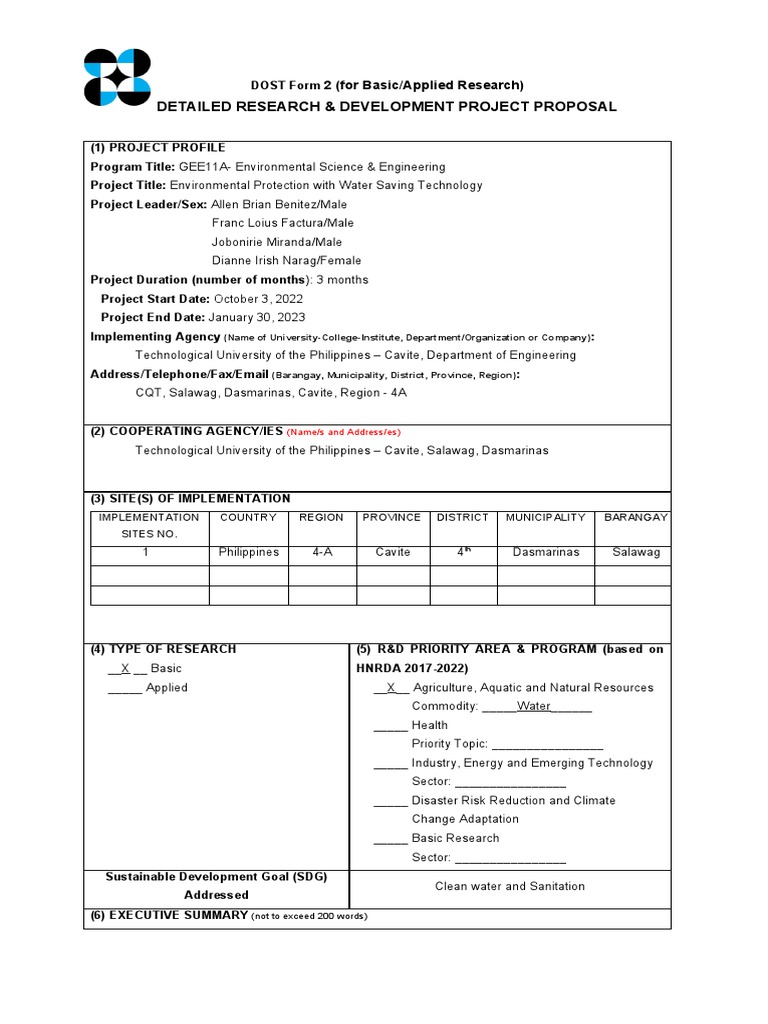 Detailed Project Proposal For Basic or Applied Research | PDF | Water ...