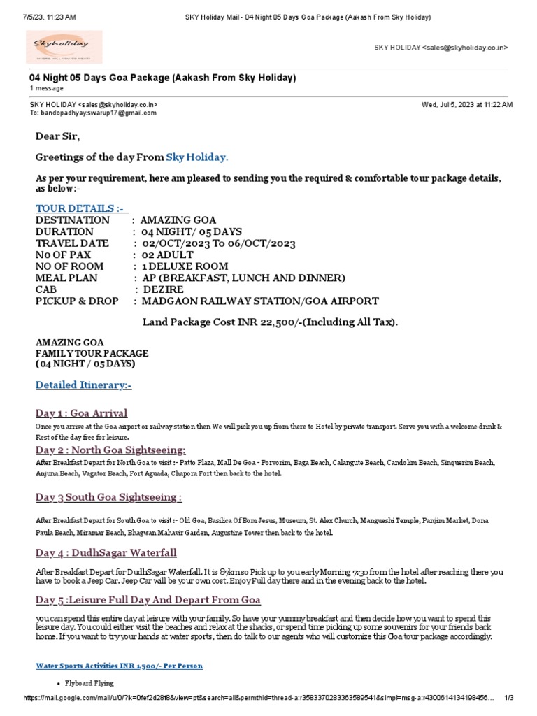 04 Night 05 Days Goa Package (Aakash From Sky Holiday) | PDF