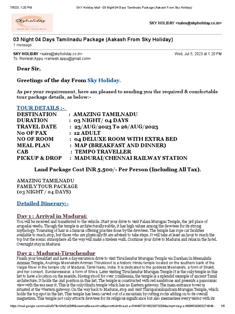 03 Night 04 Days Tamilnadu Package (Aakash From Sky Holiday) | Download Free PDF | Indian Religions