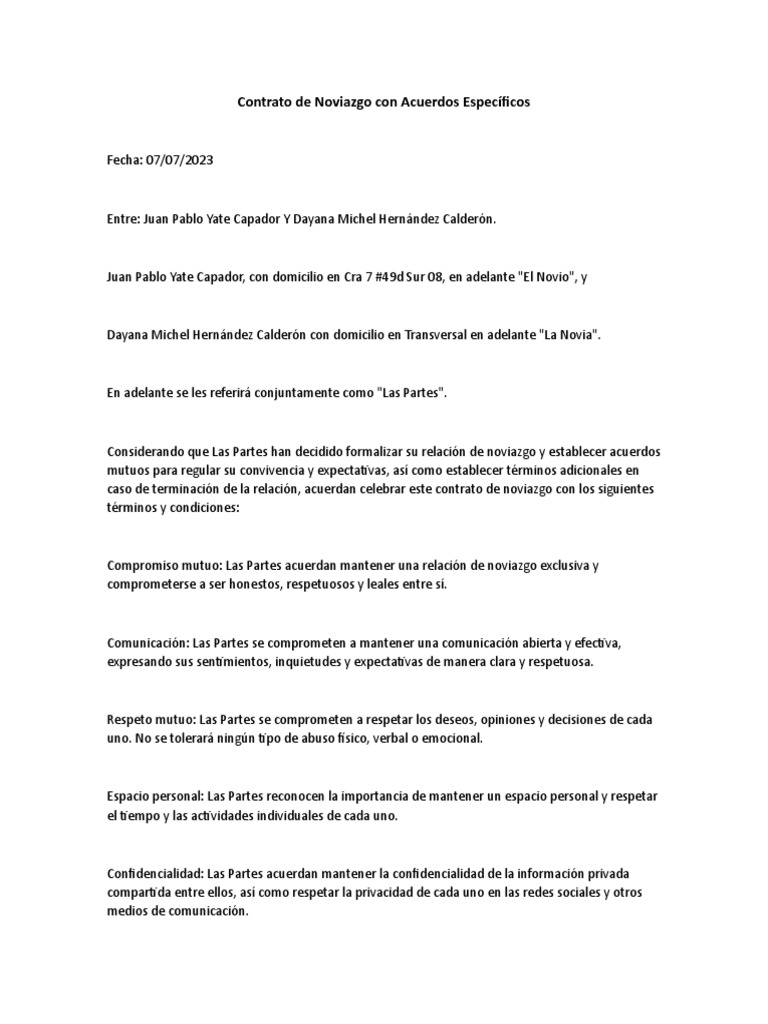 Contrato de Noviazgo con Acuerdos Específicos | PDF