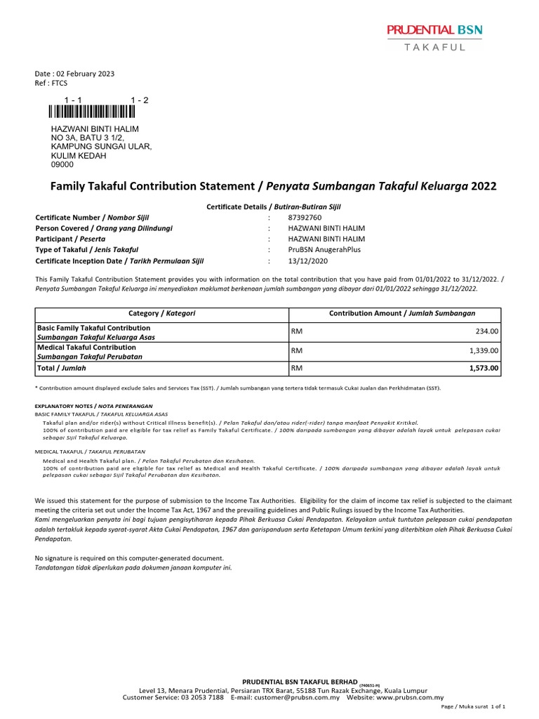 Family Takaful Contribution Statement / Penyata Sumbangan Takaful Keluarga 2022 | PDF
