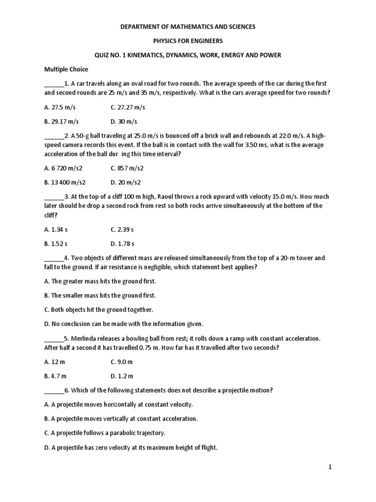 Physics For Engineers Quiz | PDF | Force | Physical Sciences