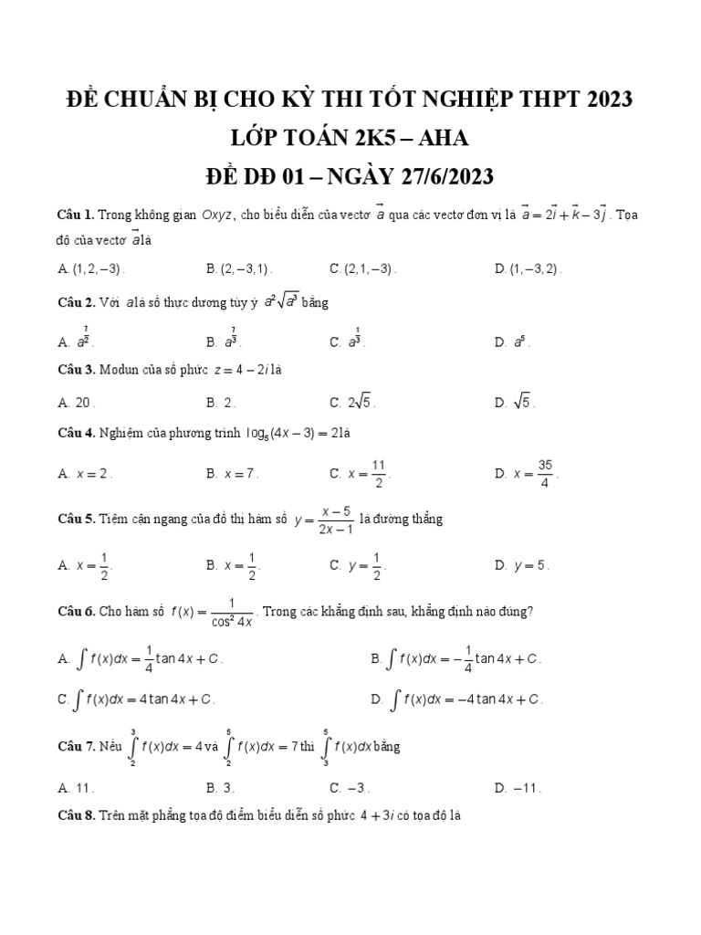 Đề Chuẩn Bị Cho Kỳ Thi Tốt Nghiệp Thpt 2023 Lớp Toán 2K5 - Aha ĐỀ DĐ 01 - NGÀY 27/6/2023 | PDF