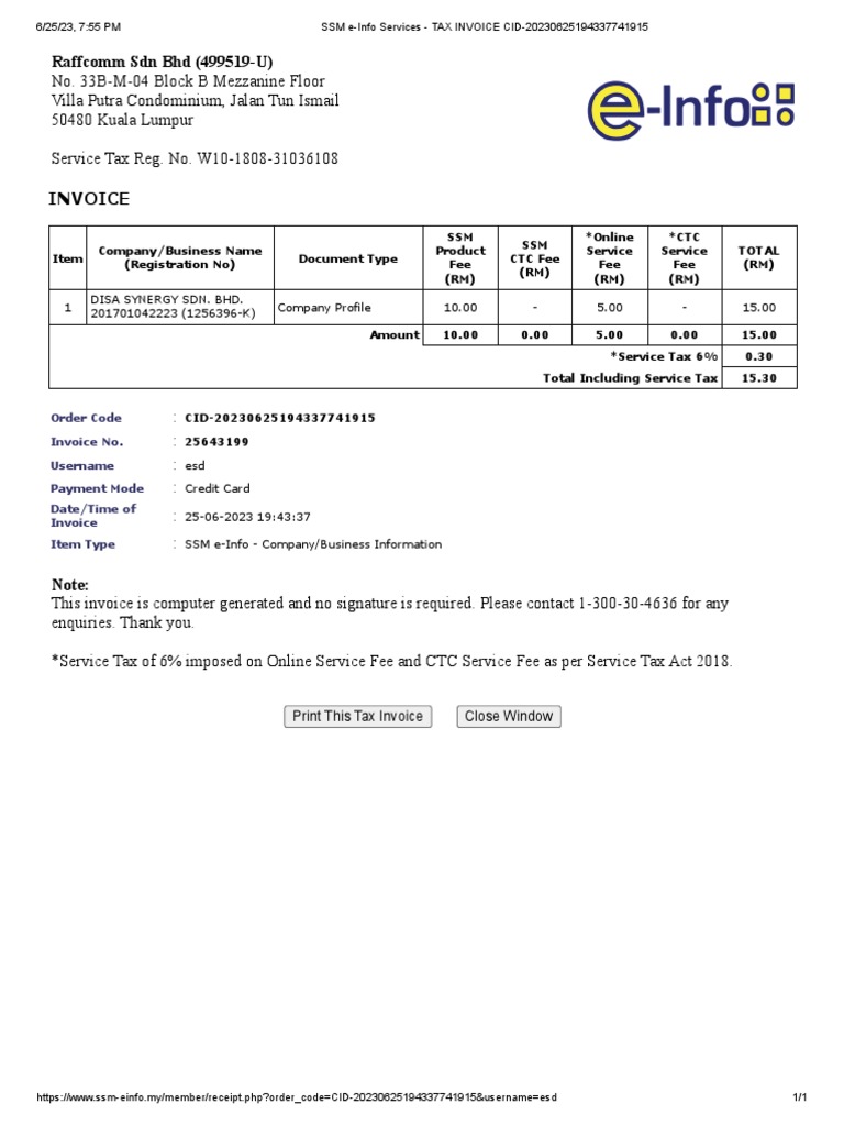 SSM e-Info Tax Invoice for DISA Synergy | PDF