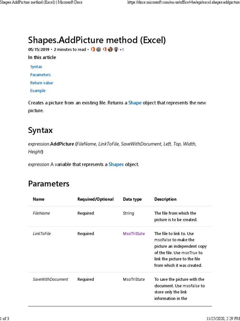 Shapes - AddPicture Method | PDF | Microsoft Excel | Parameter ...