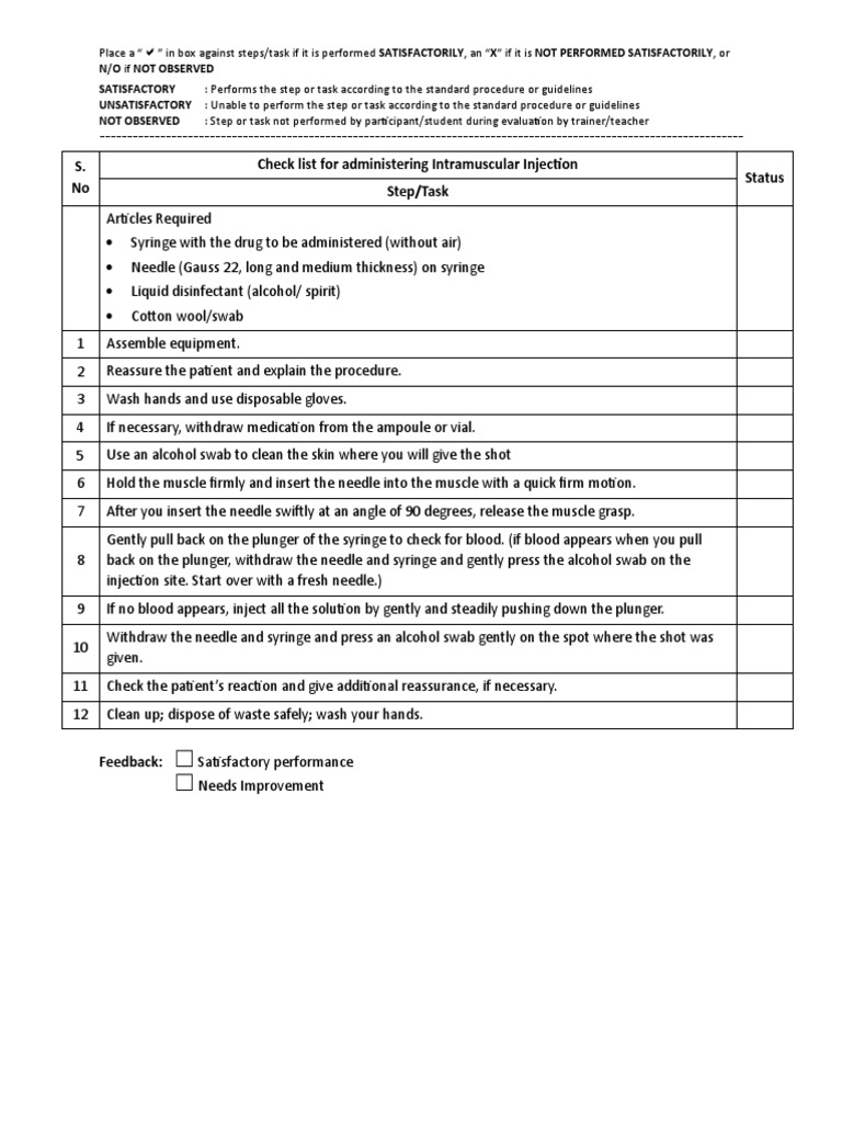 Intramuscular Injection Checklist | PDF