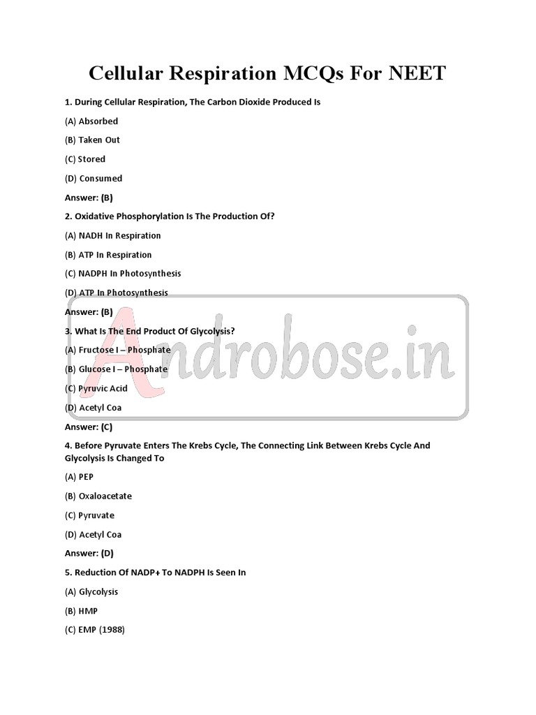 Cellular Respiration MCQs For NEET | PDF