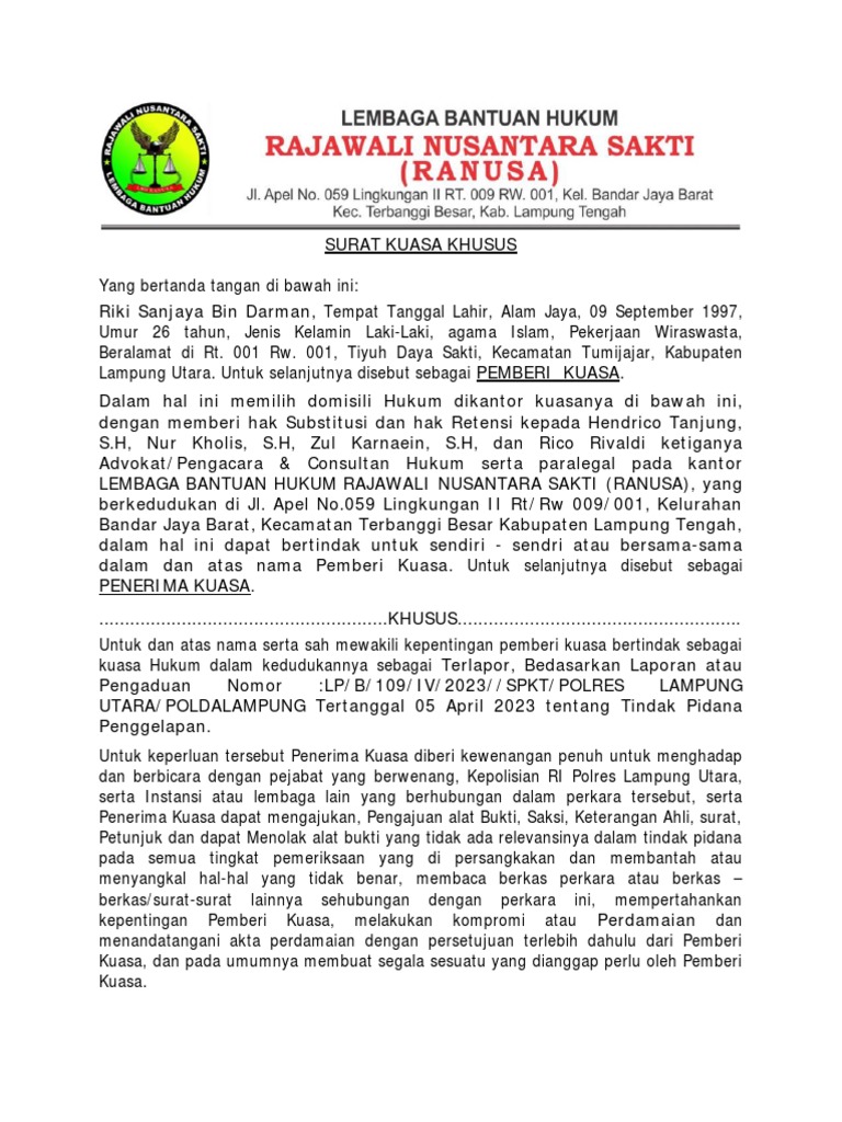 Kop LBH Ranusa Bandarjaya Serta Surat Kuasa Khusus | PDF | Politik