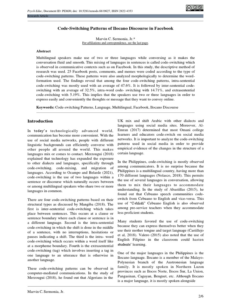 Code-Switching Patterns of Ilocano Discourse in Facebook | PDF ...