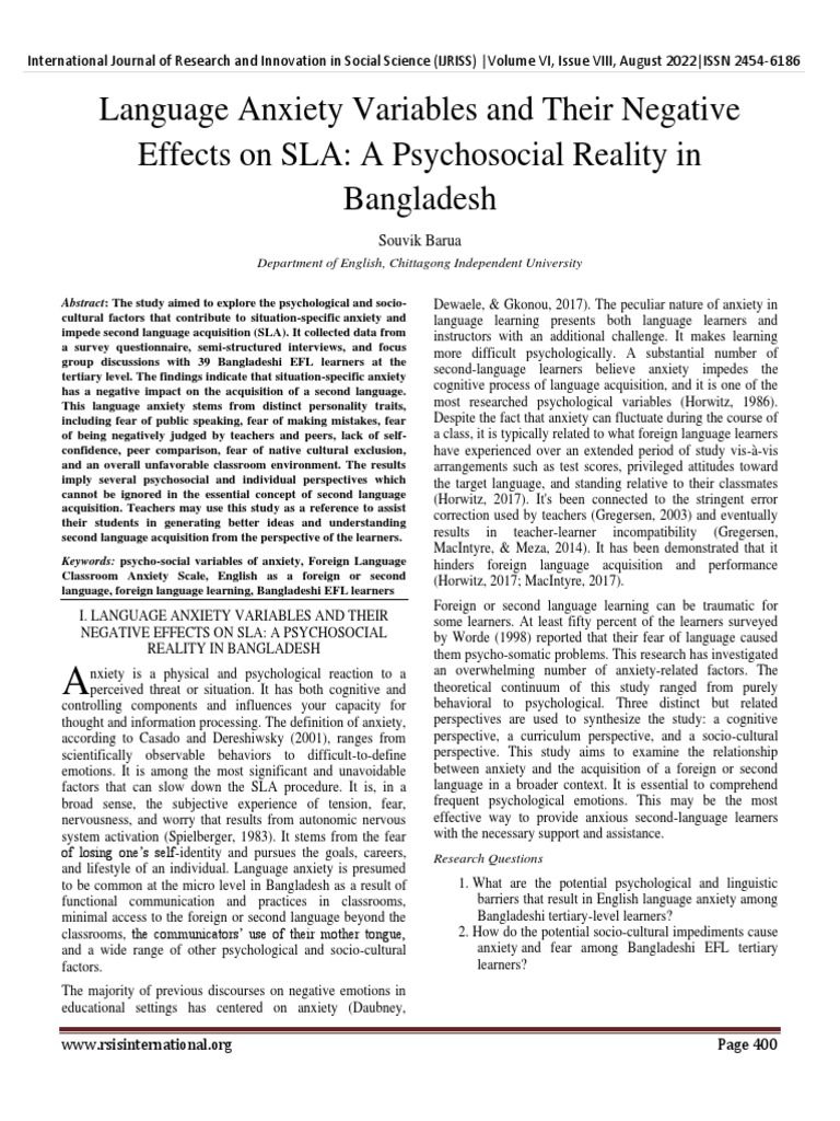 Language Anxiety Variables and Their Negative Effects On SLA: A ...
