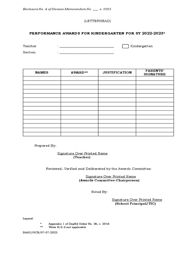 Performance Awards For Kindergarten | PDF