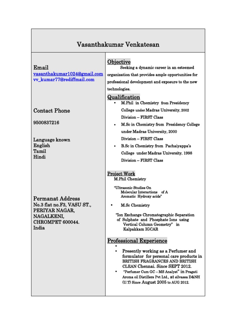 Vasanth Resume Perfumer Mp | PDF | Perfume | Physical Sciences