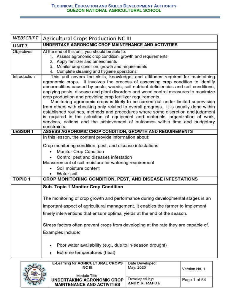 Undertaking Agronomic Crop Maintenance and Activities | PDF