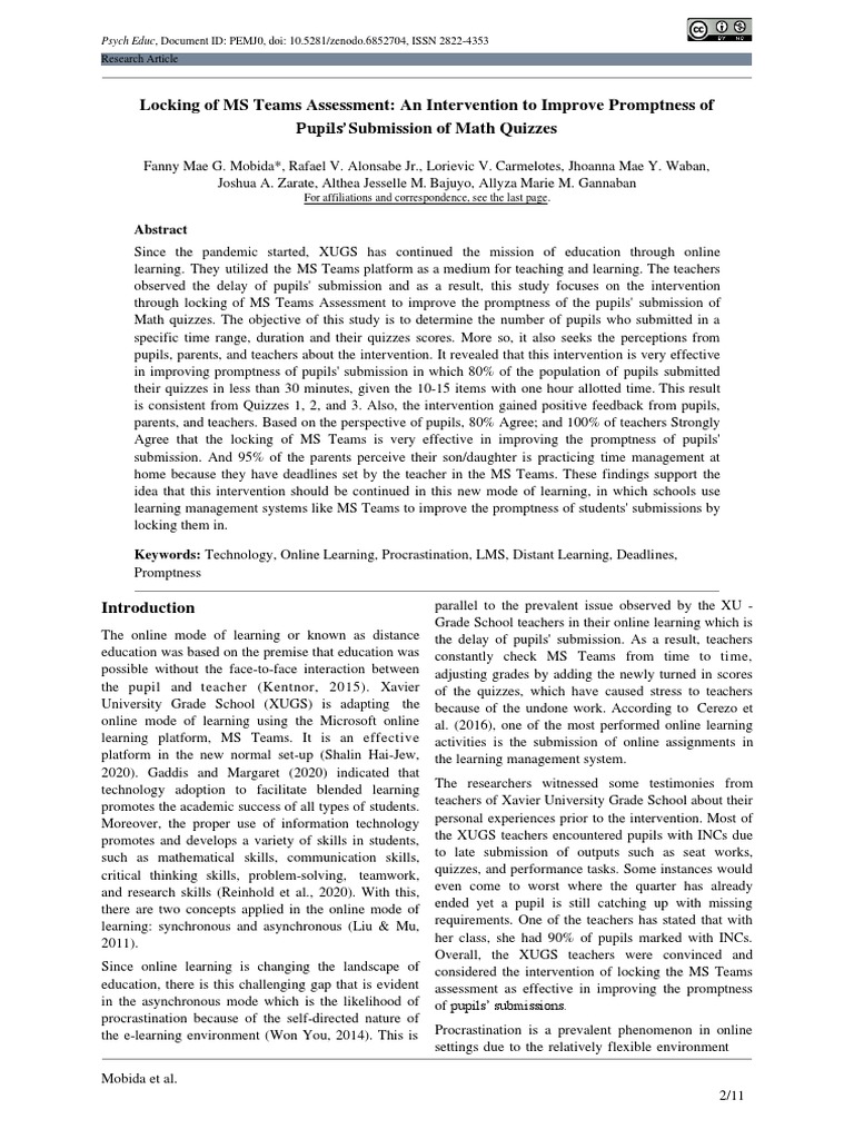 Locking of MS Teams Assessment: An Intervention To Improve Promptness ...