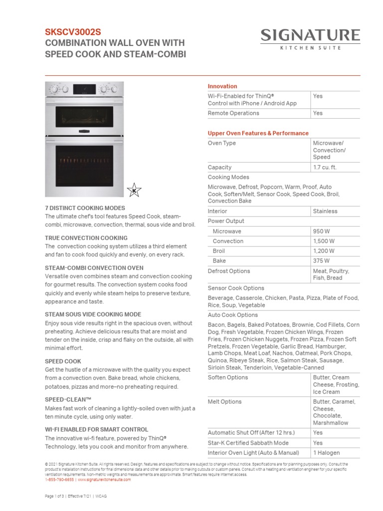 SKSCV3002S Combination Wall Oven-Steam-Combi-Spec Sheet | PDF ...