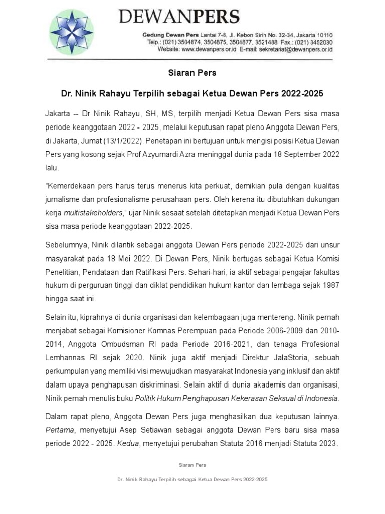 2022-01-13 Siaran Pers - Dr. Ninik Rahayu Terpilih Sebagai Ketua Dewan Pers 2022-2025 | PDF