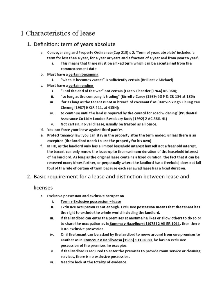 1 Characteristics of Lease: 1. Definition: Term of Years Absolute | PDF ...