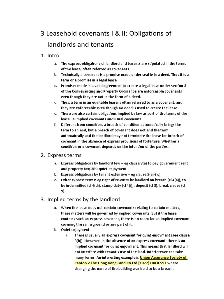 3 Leasehold Covenants I & II: Obligations of Landlords and Tenants | PDF | Lease | Leasehold Estate