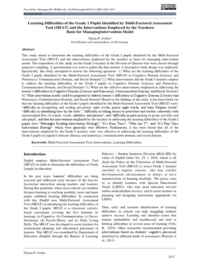 Learning Difficulties of The Grade 1 Pupils Identified by Multi-Factored Assessment Tool (MFAT ...
