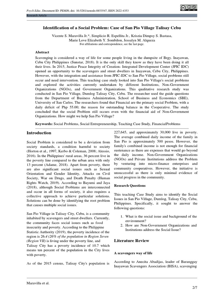 Identification of A Social Problem: Case of San Pio Village Talisay ...