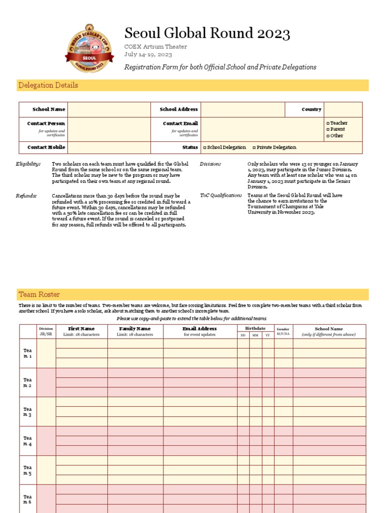 WSC Seoul Global Round 2023 Registration Form | PDF
