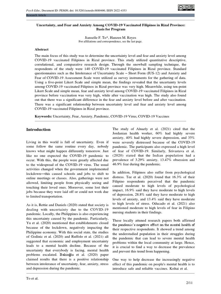 Uncertainty, and Fear and Anxiety Among COVID-19 Vaccinated Filipinos ...