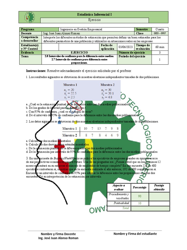 Rubrica Ejercicio 3 IEE | PDF | Intervalo de confianza | Teoría de la estimación
