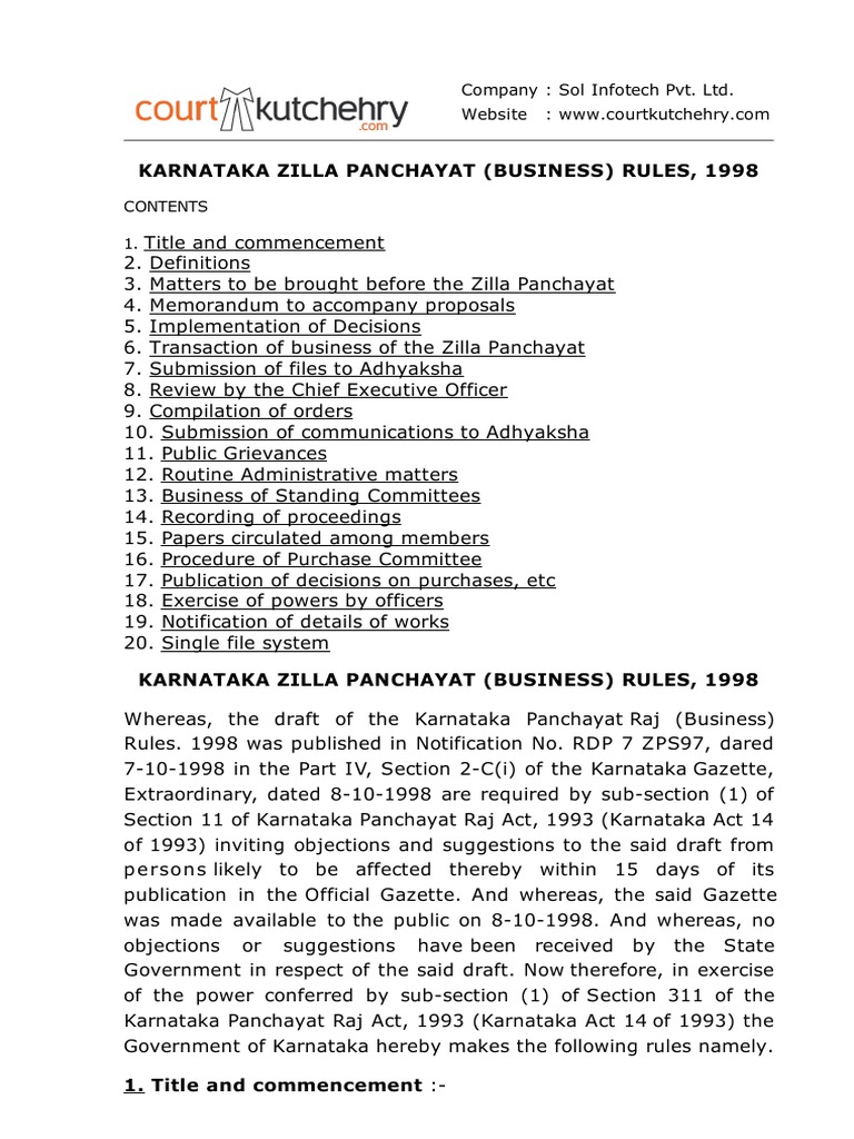 Karnataka Zilla Panchayat (Business) Rules, 1998 | PDF | Committee | Governance