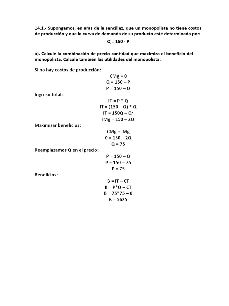 Ejercicios Del Capitulo 14 Del Monopolio y Oligopolio | PDF