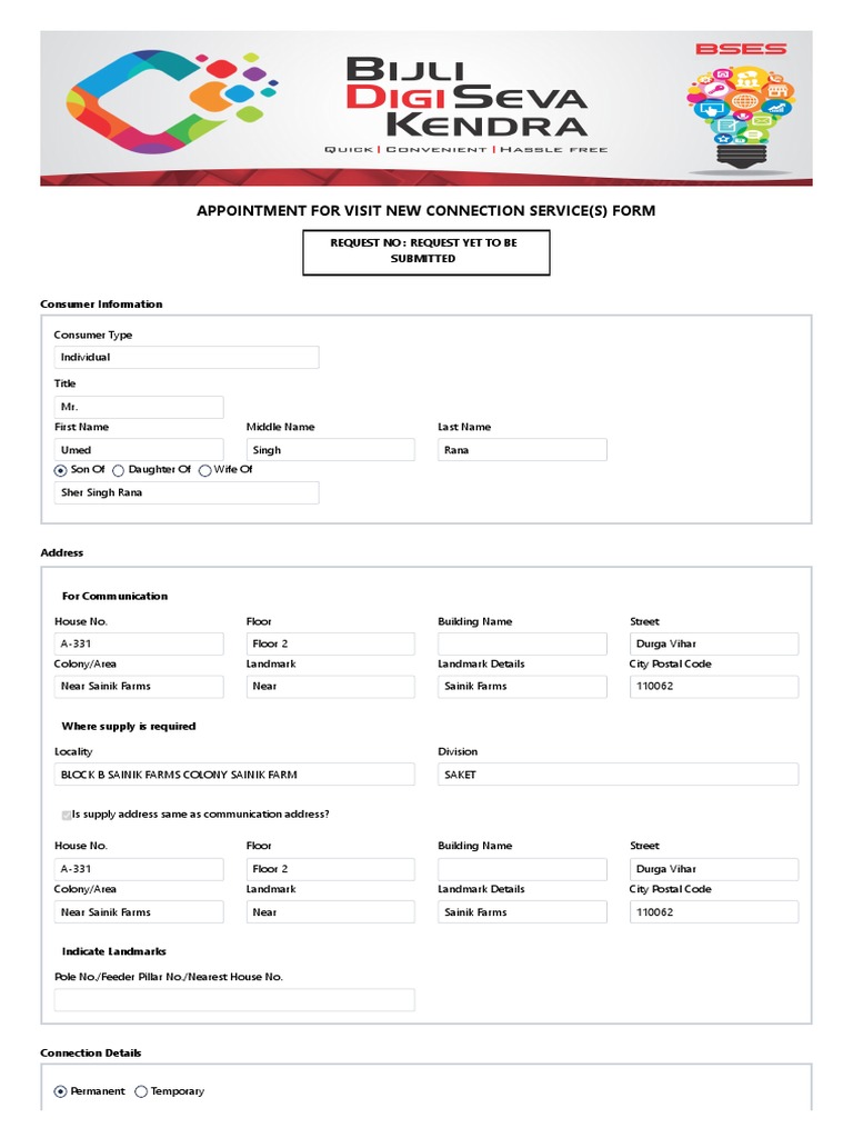 BSES New Connection Appointment Form | PDF | Indemnity | High Voltage