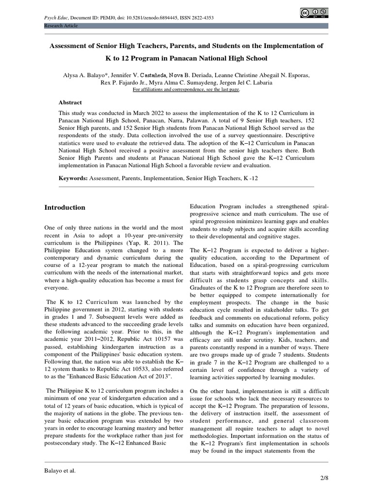 Assessment of Senior High Teachers, Parents, and Students On The ...