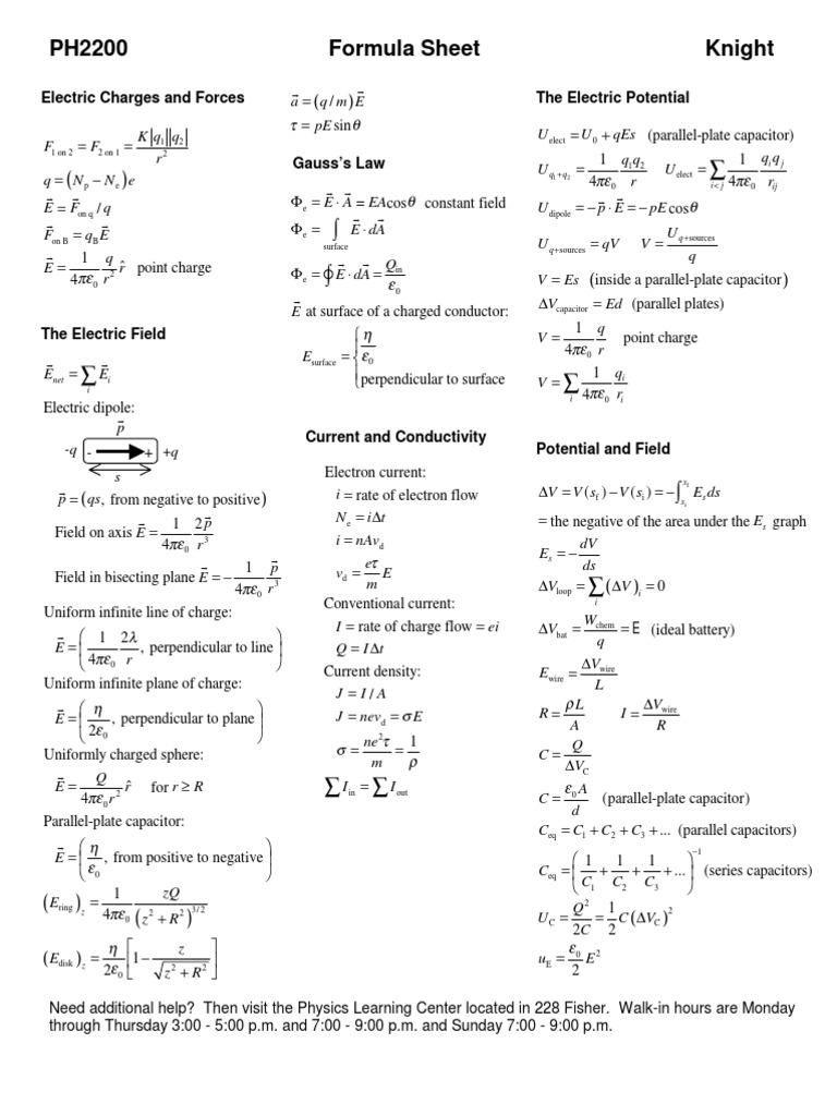 Formula Sheet | PDF | Electromagnetism | Force