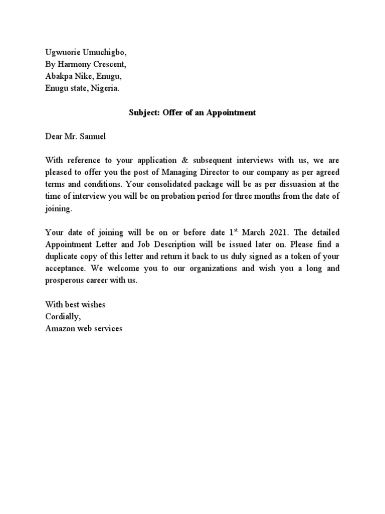 Appointment Offer for Managing Director | PDF | Business