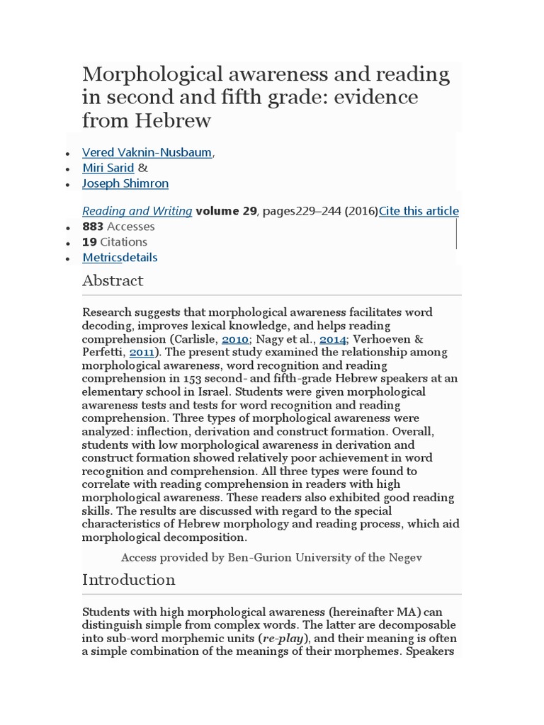 Hebrew Morphology in Young Readers | PDF