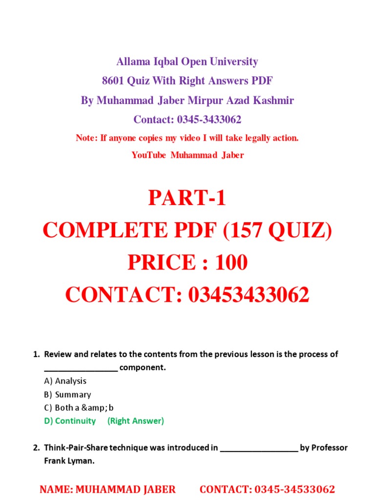 8601 Quiz Part 1 M Jaber Ajk Pdf