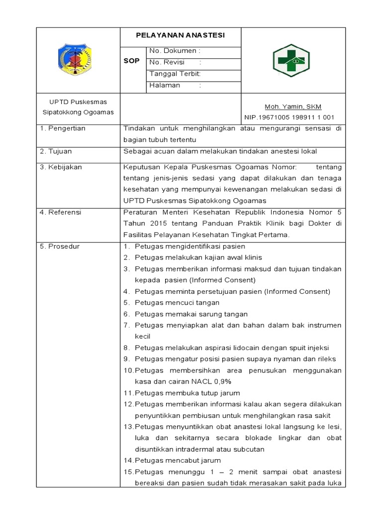 SOP Pelayanan Anestesi Lokal | PDF