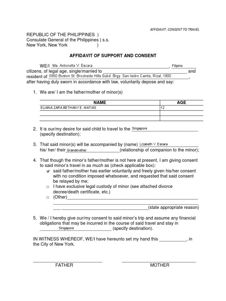 Affidavit of Consent To Travel For Minor Visa Application Philippines ...