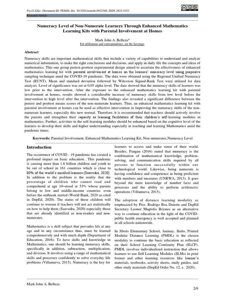Numeracy Level of Non-Numerate Learners Through Enhanced Mathematics ...