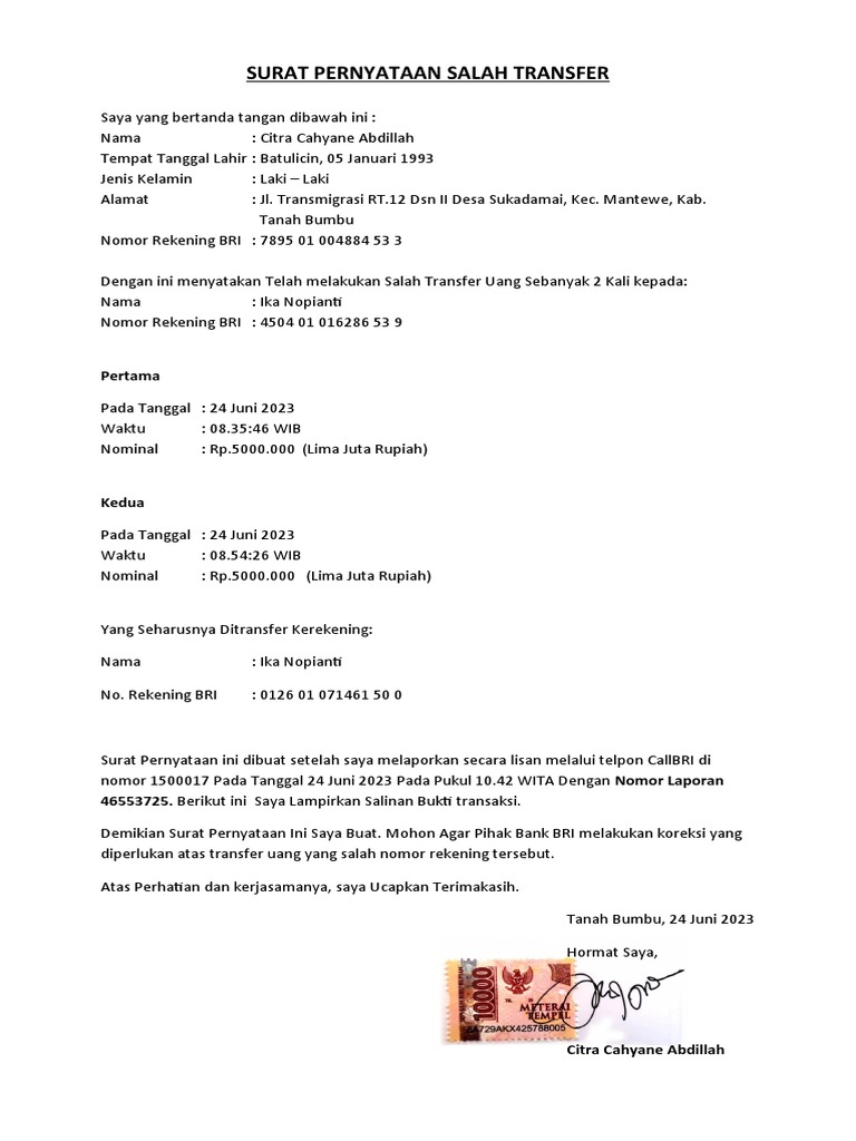 Surat Pernyataan Salah Transfer | PDF