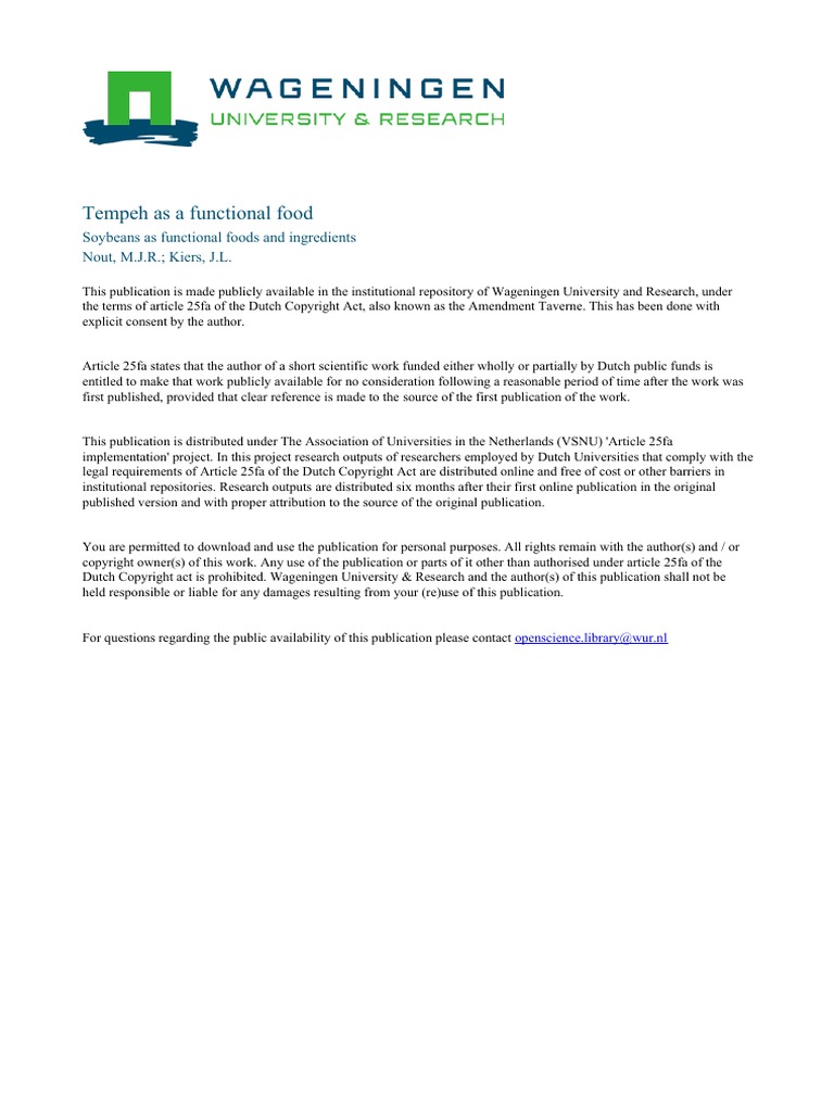 Tempeh As A Functional Food-Wageningen University and Research 555366 | PDF