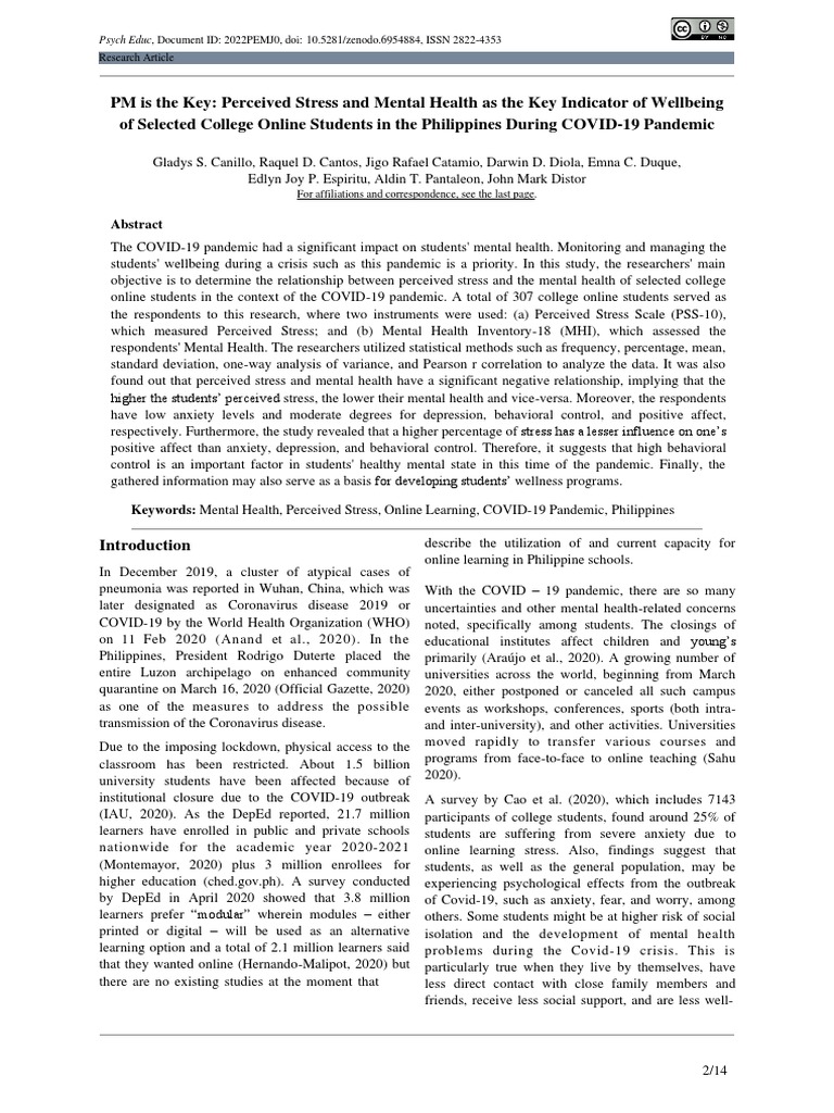 PM Is The Key: Perceived Stress and Mental Health As The KEY Indicator ...