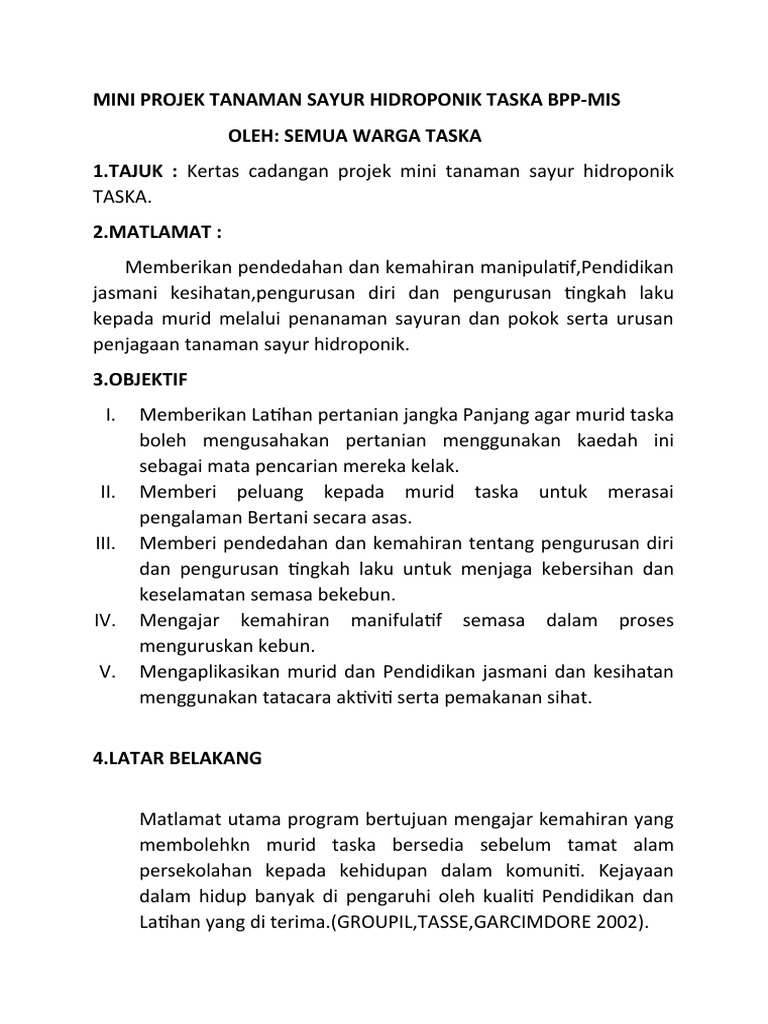 Mini Projek Tanaman Sayur Hidroponik Taska BPP | PDF