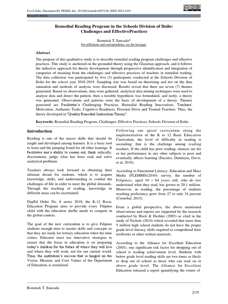 Remedial Reading Program in the Schools Division of Iloilo: Challenges ...