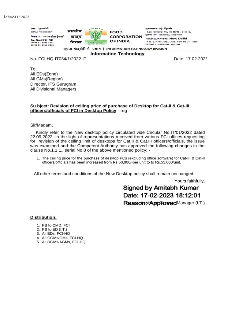 Revision in Ceiling Price For Purchase of Desktops | PDF