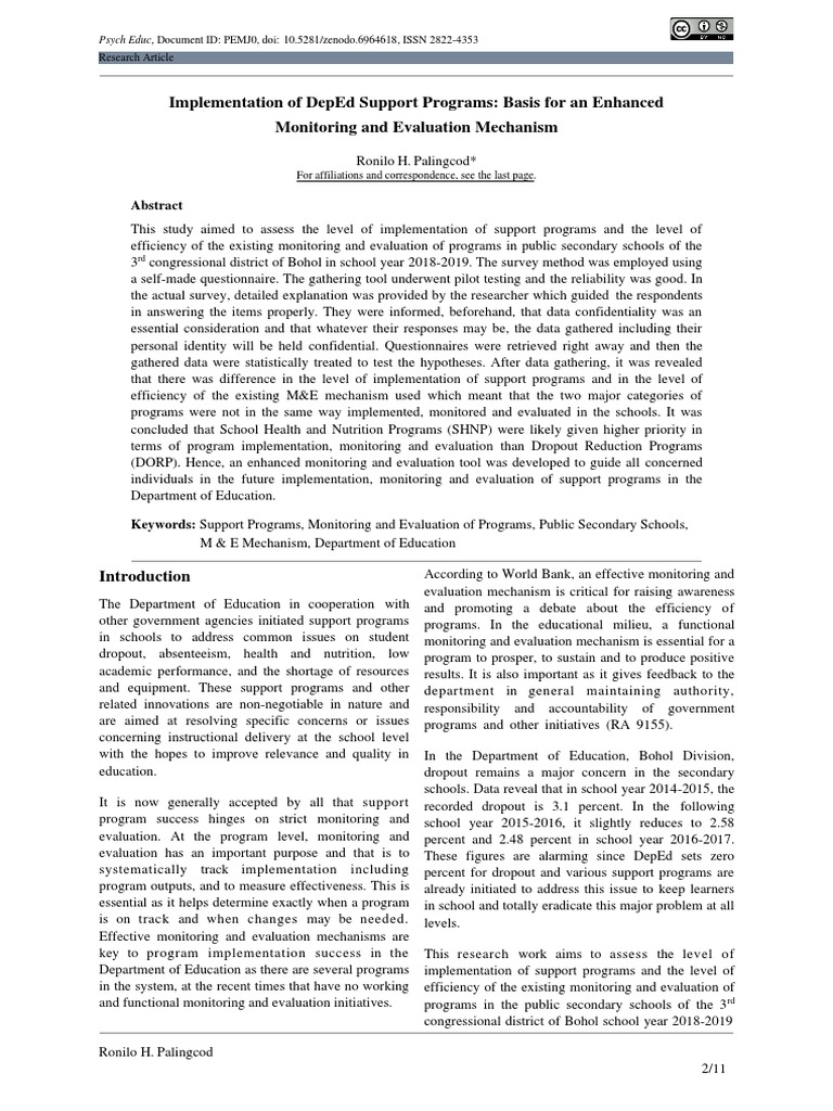 Implementation of DepEd Support Programs: Basis for an Enhanced ...