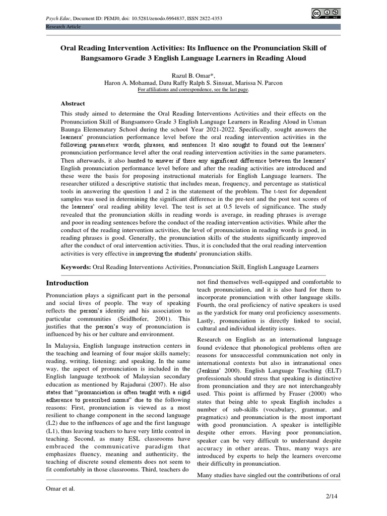 Oral Reading Interventions and Pronunciation | PDF | English Language ...
