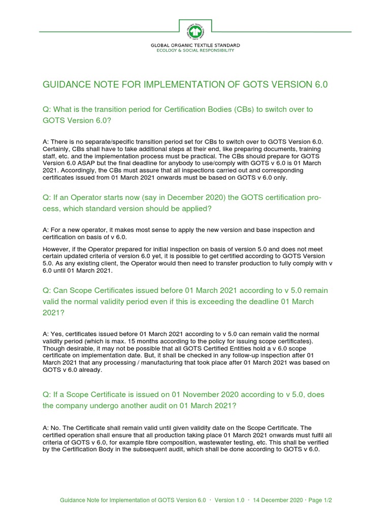 Guidance Note Implementation GOTS Version 6.0 | PDF | Textiles | Certification